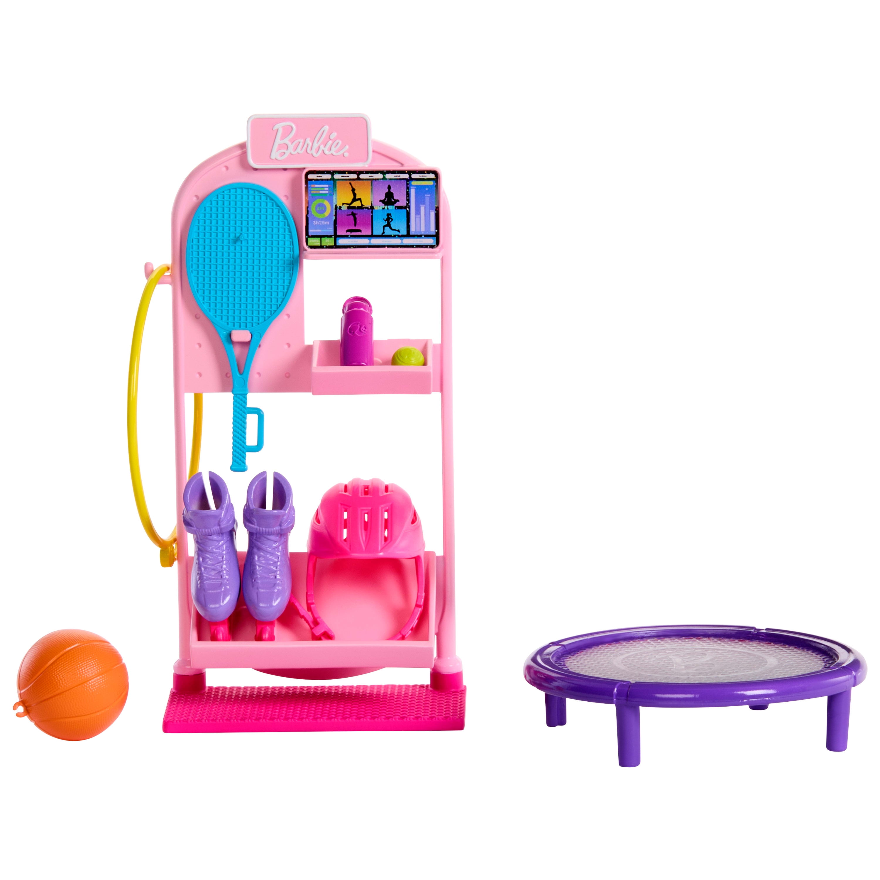 Barbie World Sport Rack Toy Playset with Doll Accessories, Trampoline ...