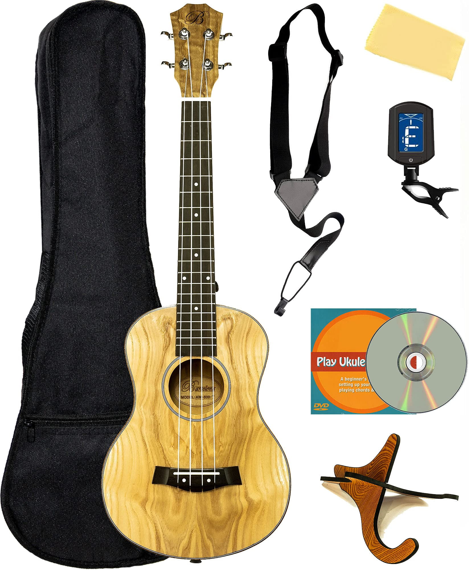 Barcelona Ash Wood Tenor Ukulele Bundle with Gig Bag, Clip-On Tuner ...