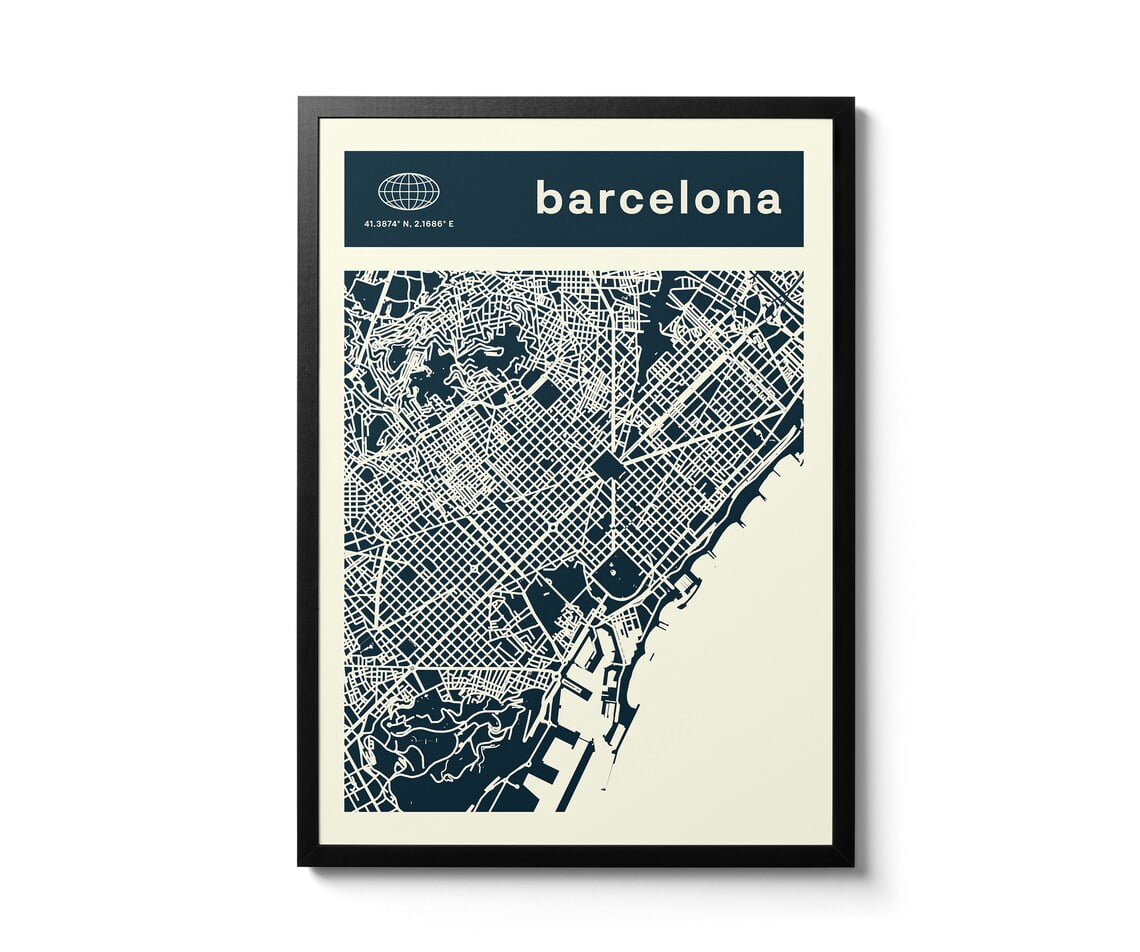 Barcelona City Map Print, Modern Travel Wall Art, Retro Tourism Home ...