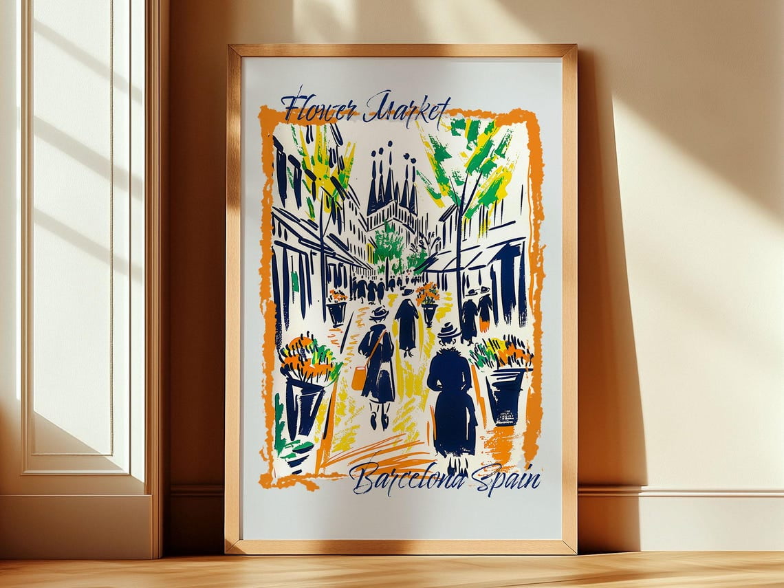 Barcelona Flower Market Poster Digital Art Graphic Doodling Style Art ...