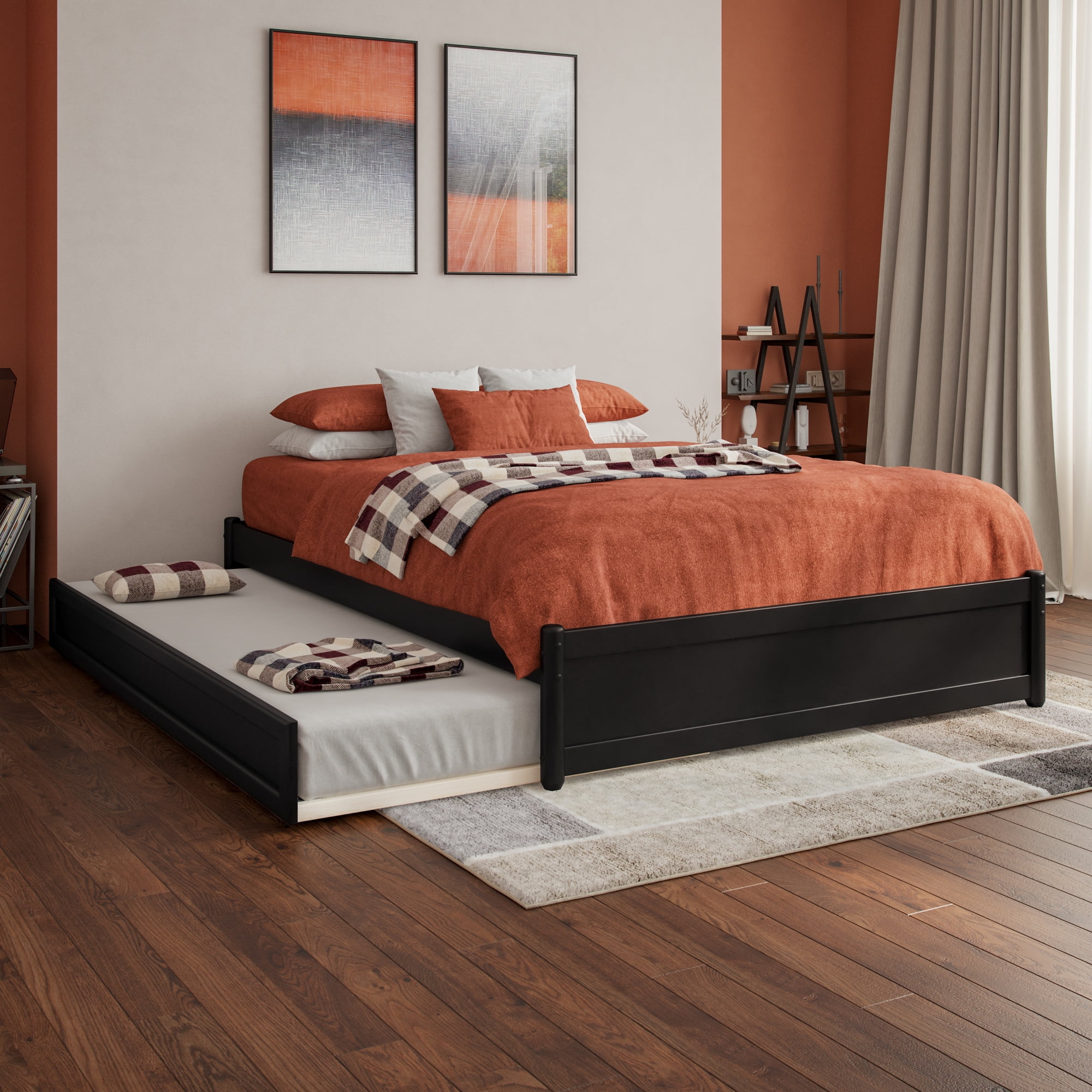 Barcelona Full Solid Wood Panel Platform Bed with Twin Trundle in Black ...