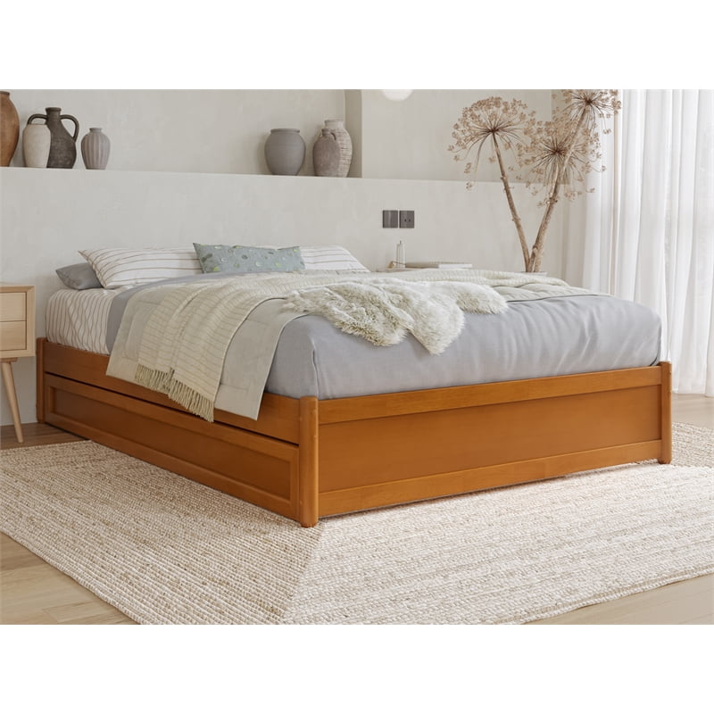 Barcelona Full Solid Wood Panel Platform Bed with Twin Trundle in Light ...