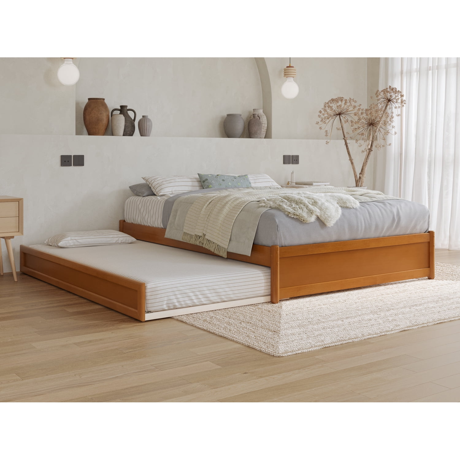 Barcelona Full Solid Wood Panel Platform Bed with Twin Trundle in Light ...
