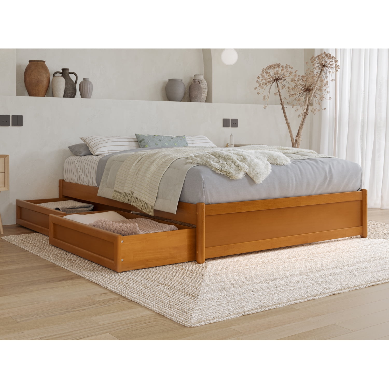 Barcelona Full Wood Panel Platform Bed with Storage Drawers in Light ...