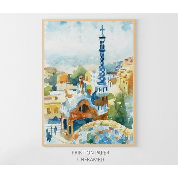 Barcelona Poster Park Guell Spain Travel Lovers Spanish Art Gaudi Wall ...