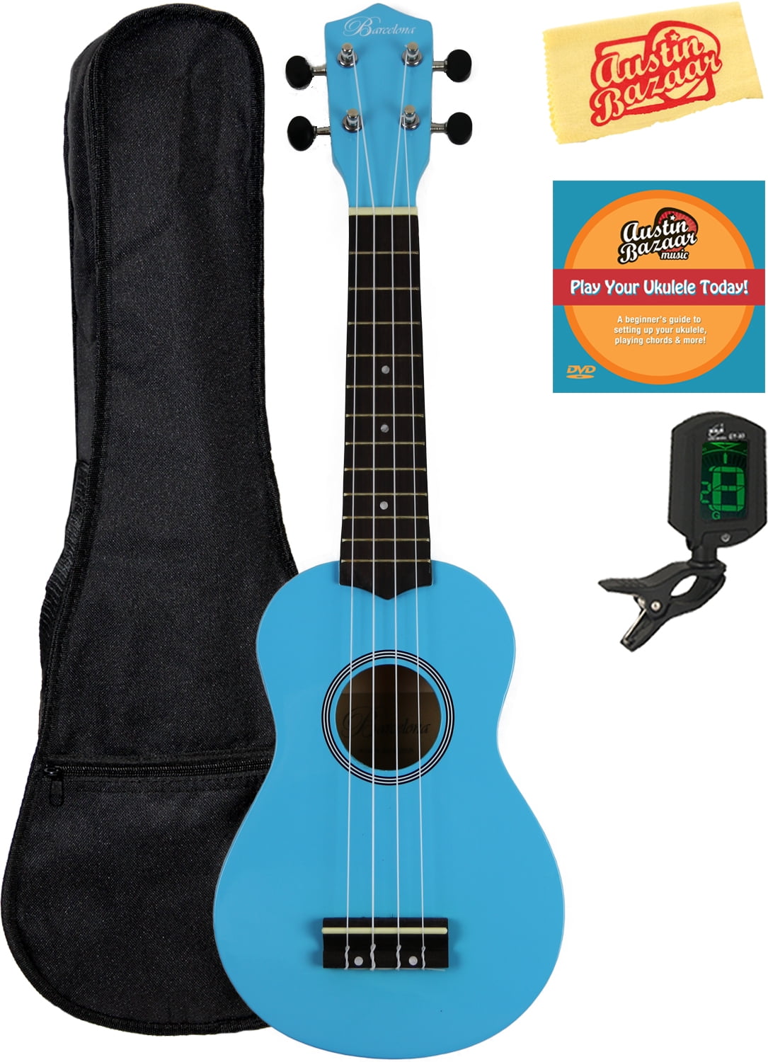 Barcelona Soprano Ukulele - Light Blue Bundle with Gig Bag, Tuner ...