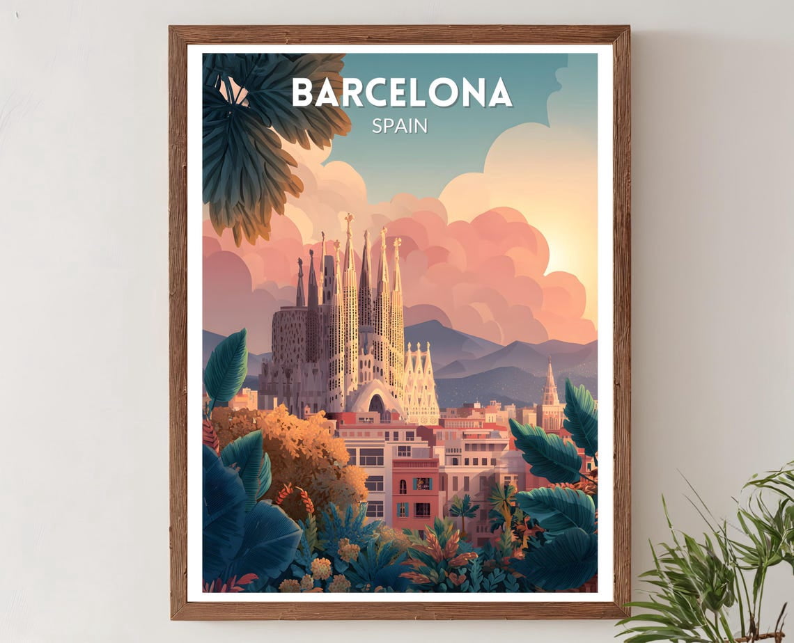 Barcelona Spain Modern Travel Scenic City Cathedral Clean Illustration ...