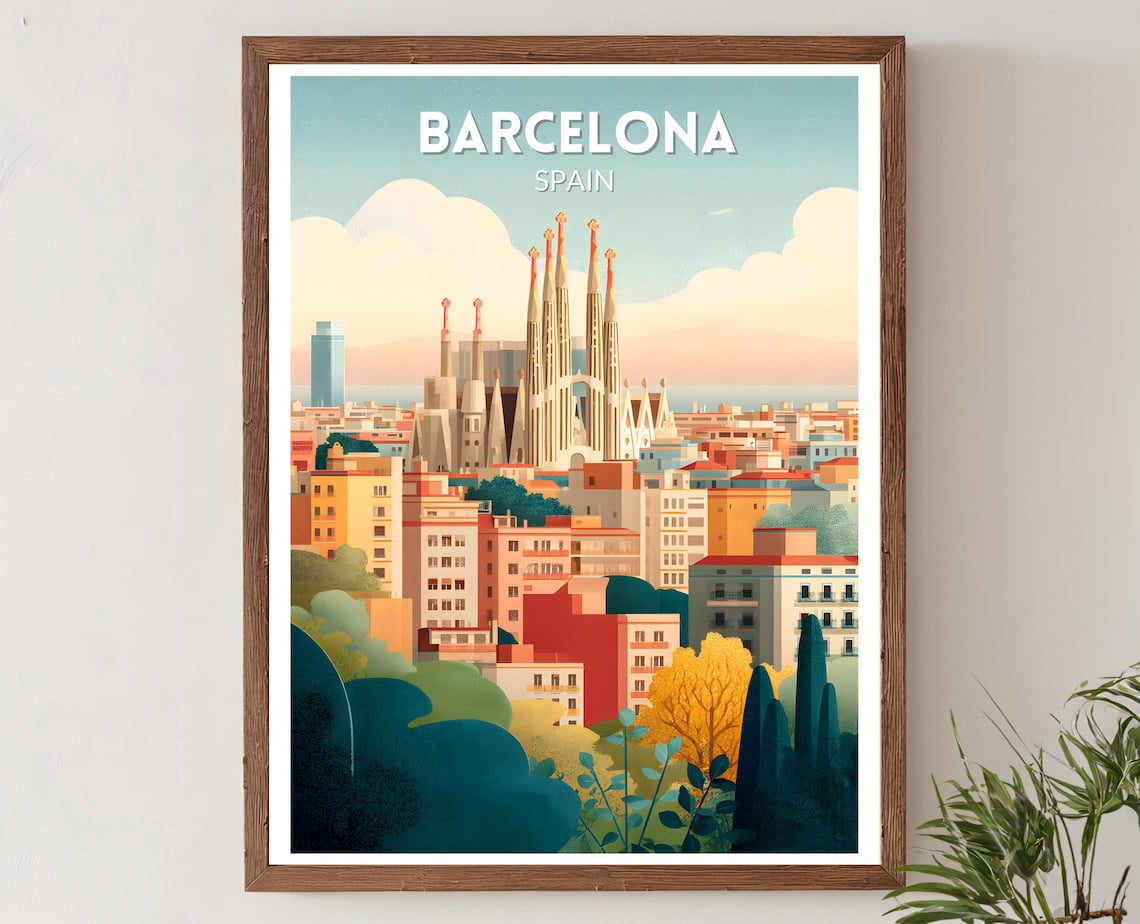 Barcelona Spain Retro Travel Mid Century Modern Vintage Cityscape Art ...