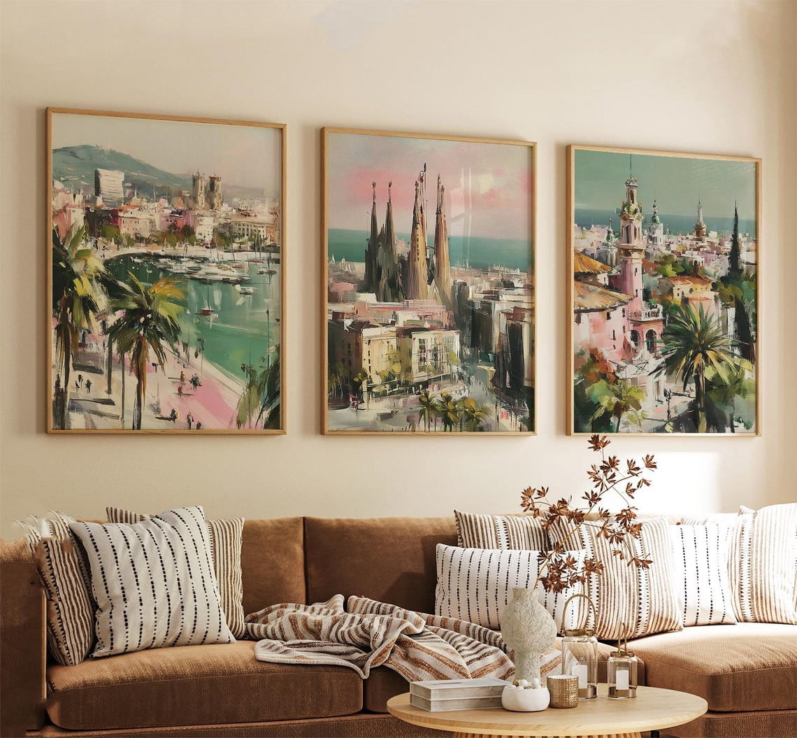 Barcelona Spain Set Vintage Spain Art Mediterranean Travel Wall Decor ...