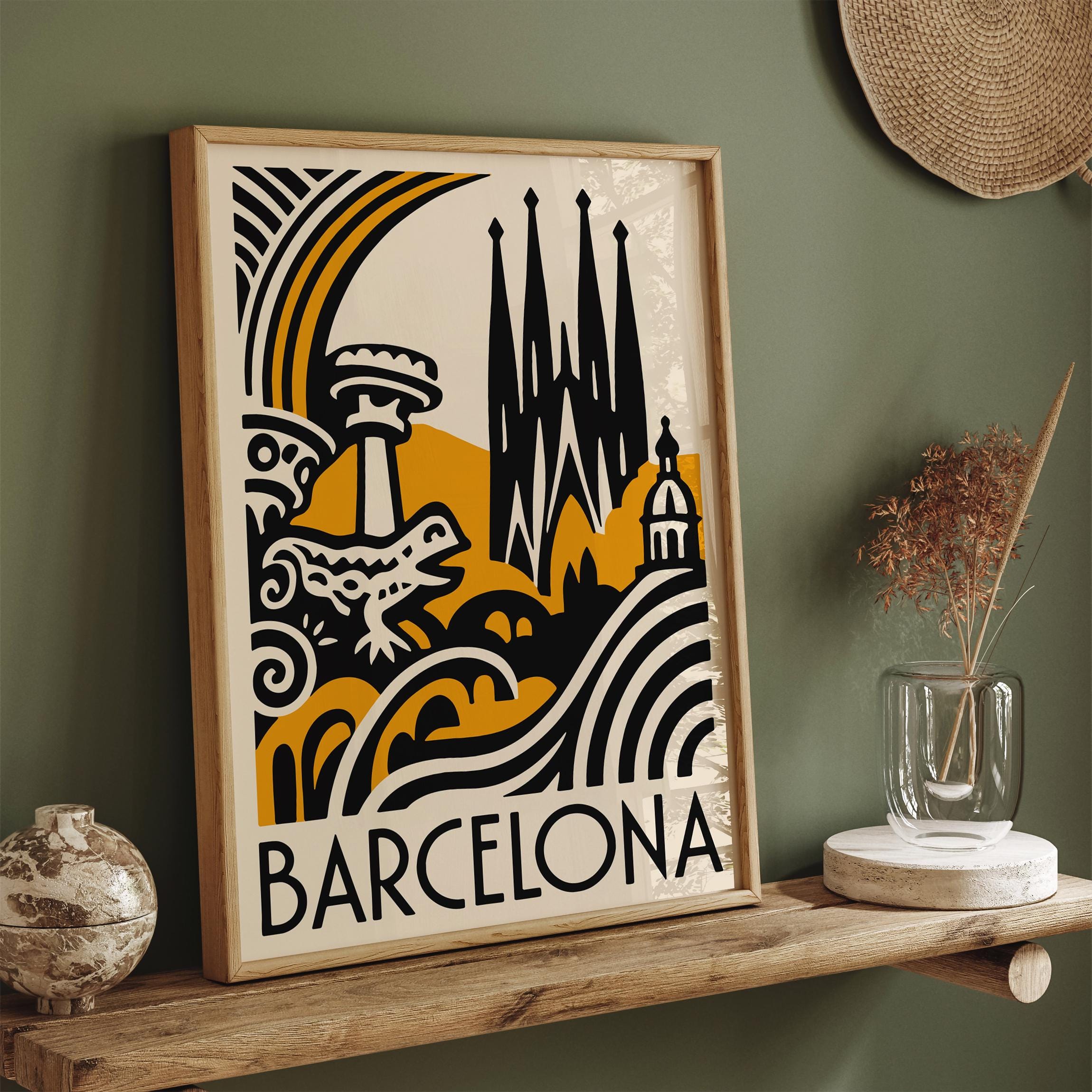 Barcelona Travel Poster, Vintage Style Gaudi, Sagrada Familia Art Print ...