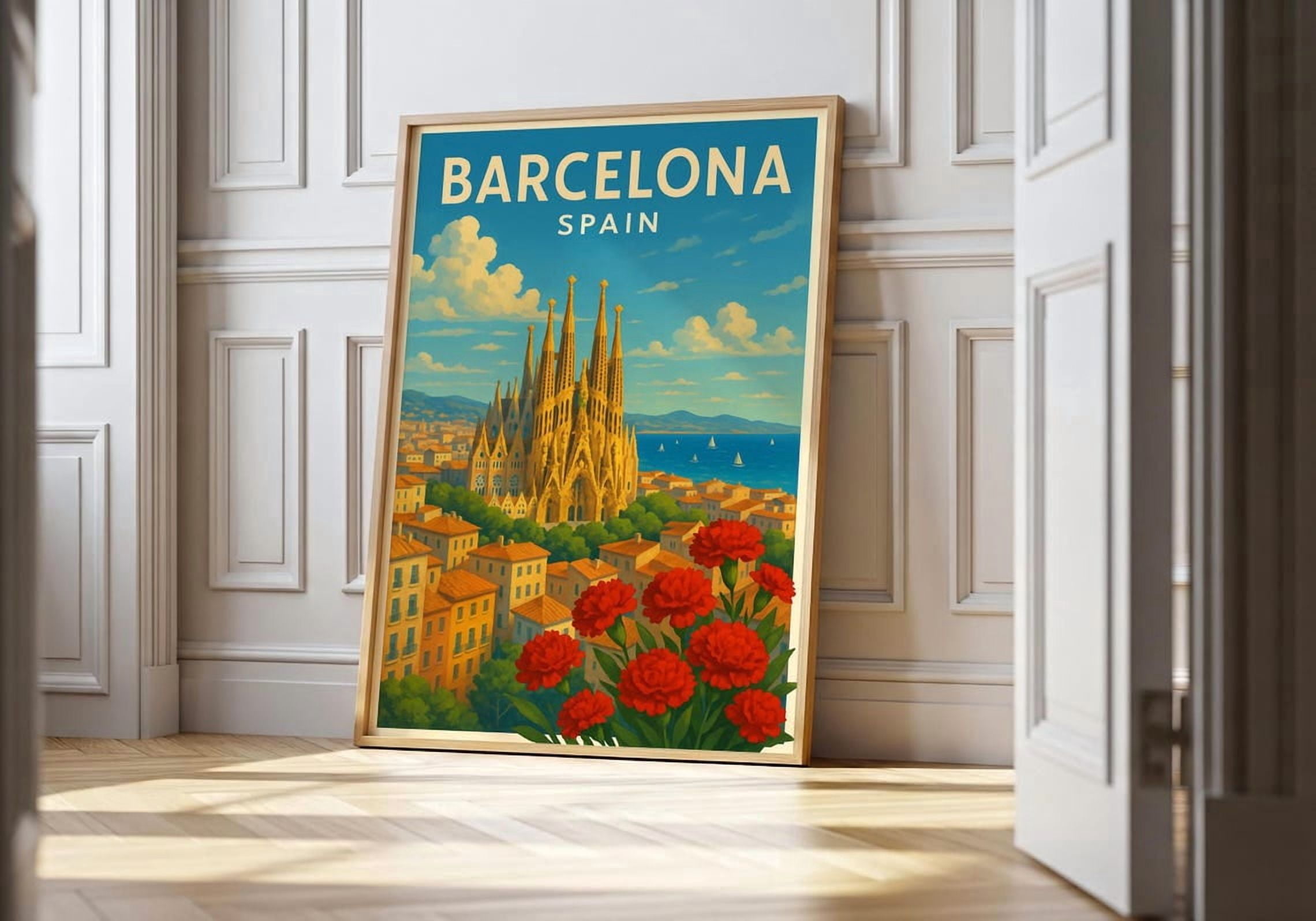 Barcelona Travel Vintage Spain Art Print Red Carnations Unframed Paper ...