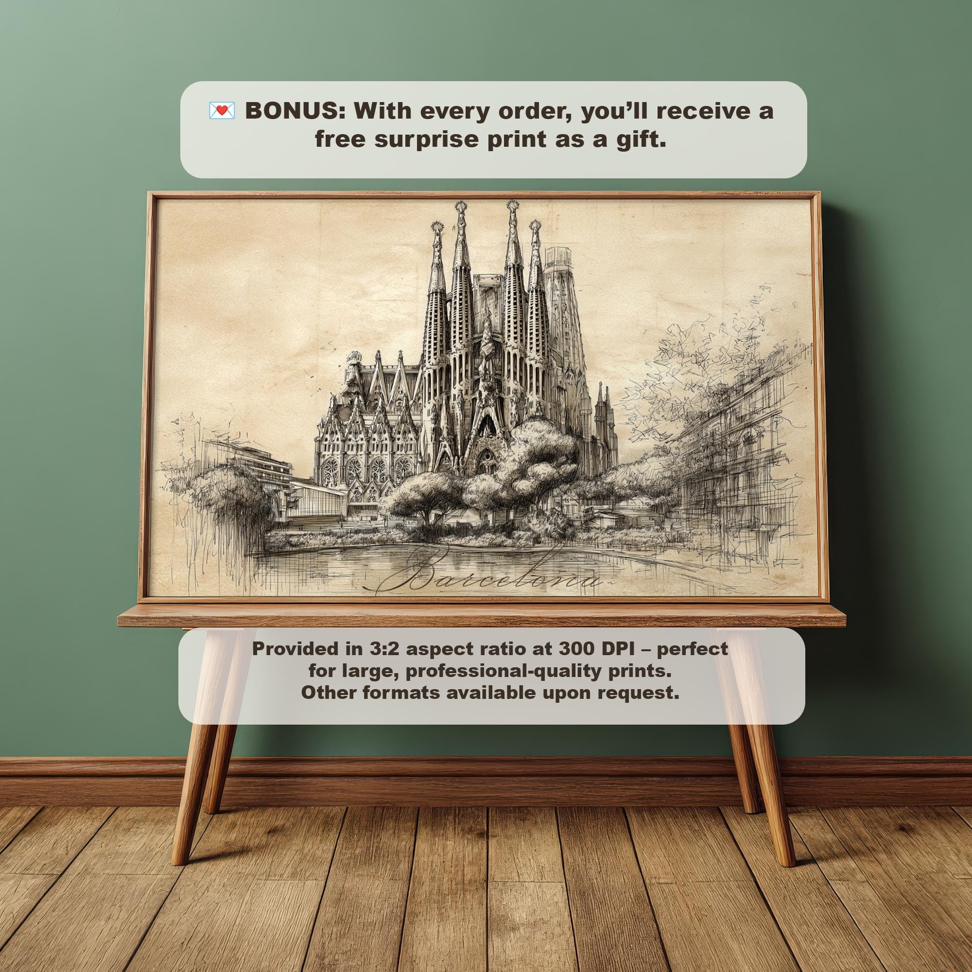 Barcelona Vintage Sketch, Sagrada Familia Print, Gaudi Architecture Art ...