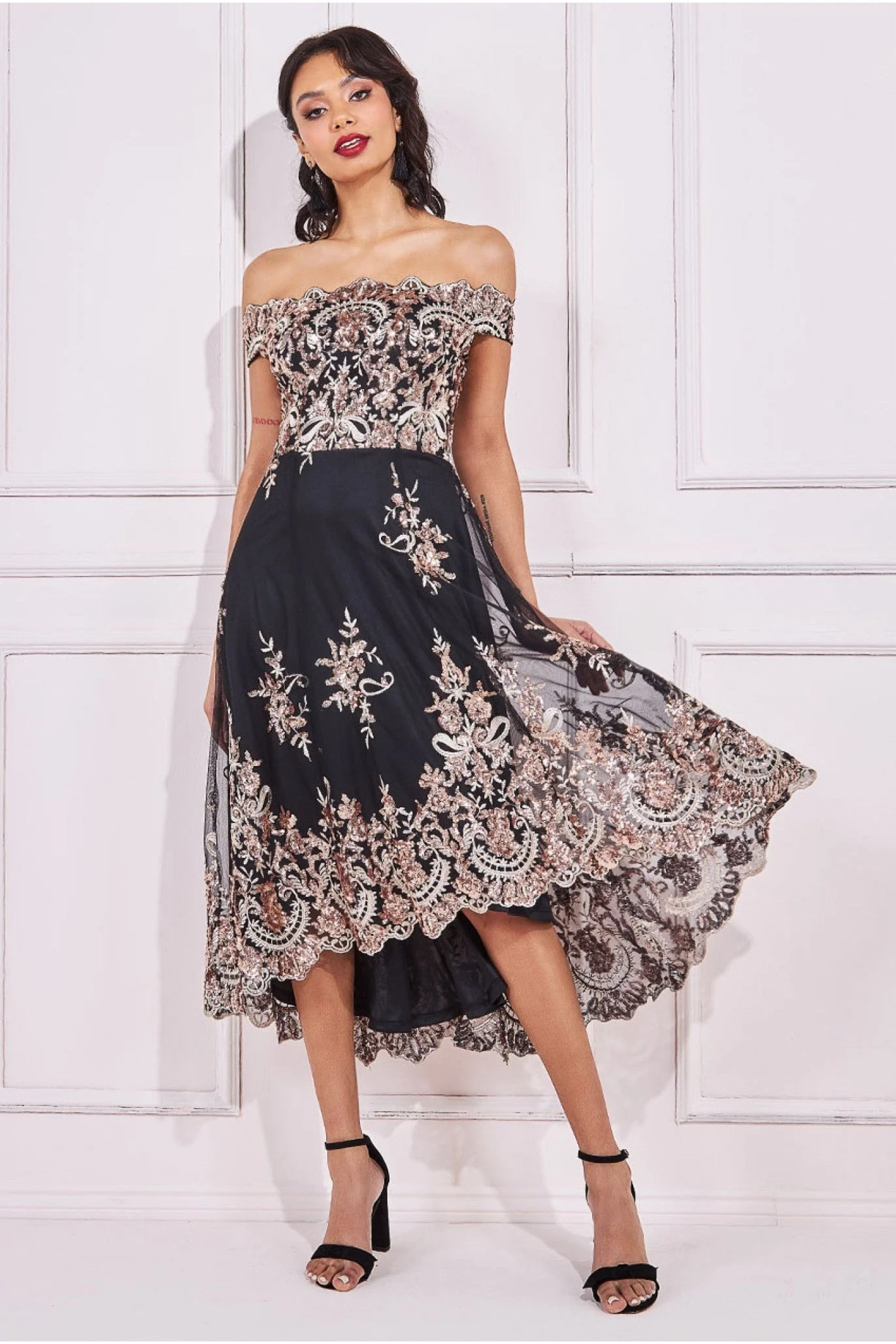 Bardot Sequin & Lace High Low Midi Champagne / 10 - Walmart.com