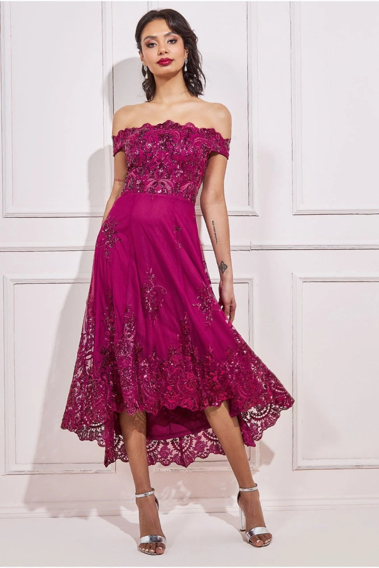 Bardot Sequin & Lace High Low Midi Magenta / 8 - Walmart.com