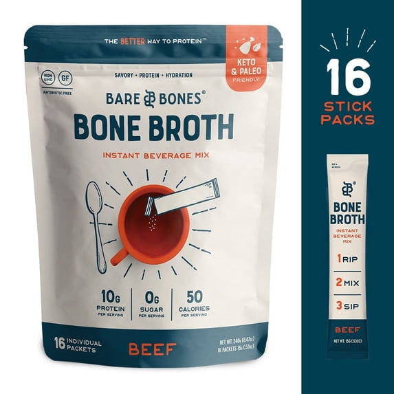 Bare Bones Bone Broth Instant Beverage Mix, Beef, Low Carb, Keto and ...