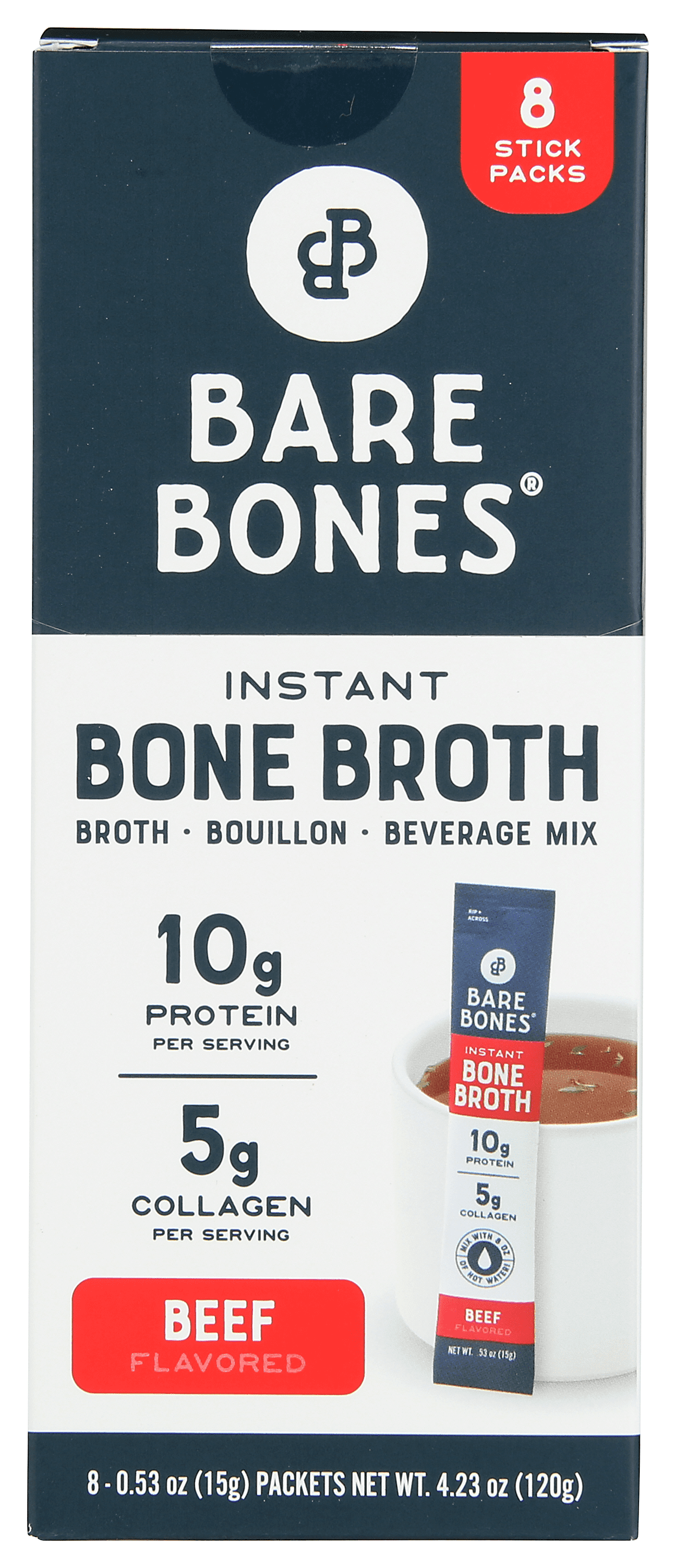 Bare Bones Instant Beef Bone Broth Sticks, 10G Protein, 4.23 oz, 8 ...