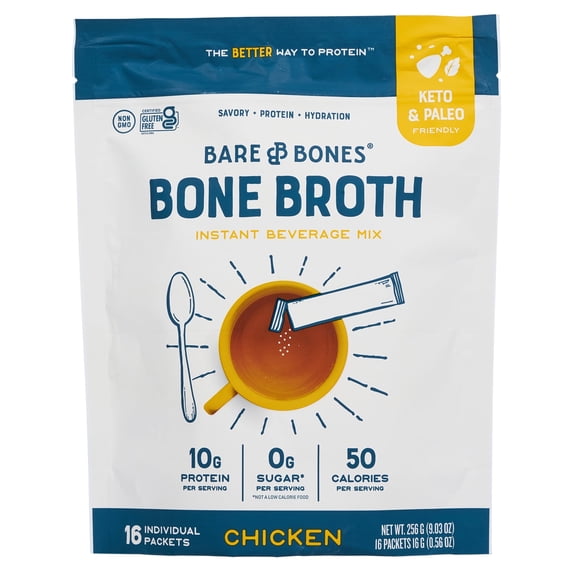 Bare Bones Chicken Instant Bone Broth, 16 Pack, Portable Nutrient ...