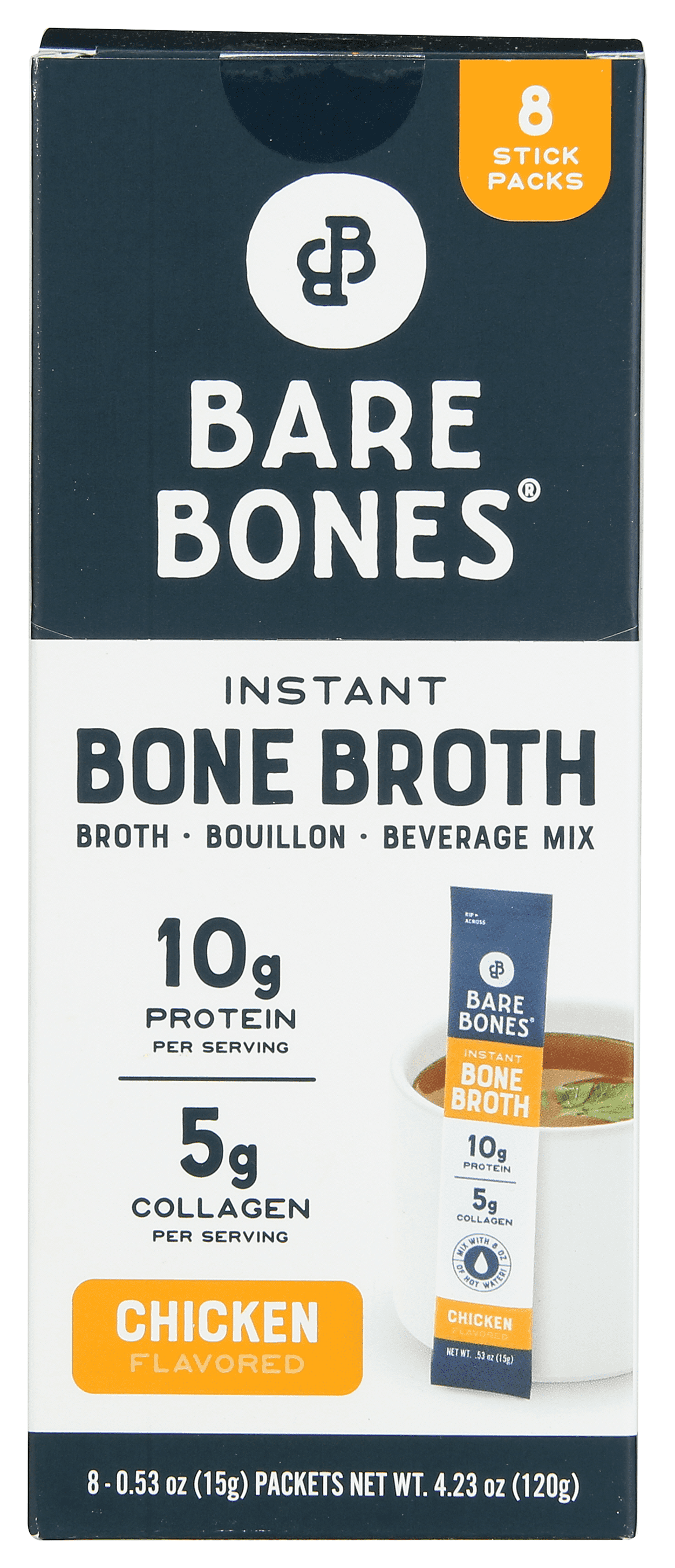 Bare Bones Instant Chicken Bone Broth Sticks, 10G Protein, 4.23 oz, 8 ...