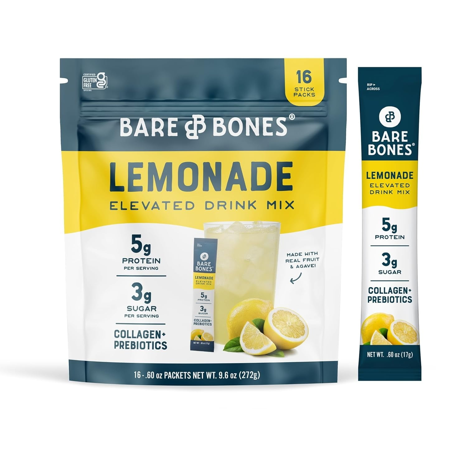 Bare Bones Lemonade Elevated Drink Mix, 16 Packets, Gluten-Free, 5g ...