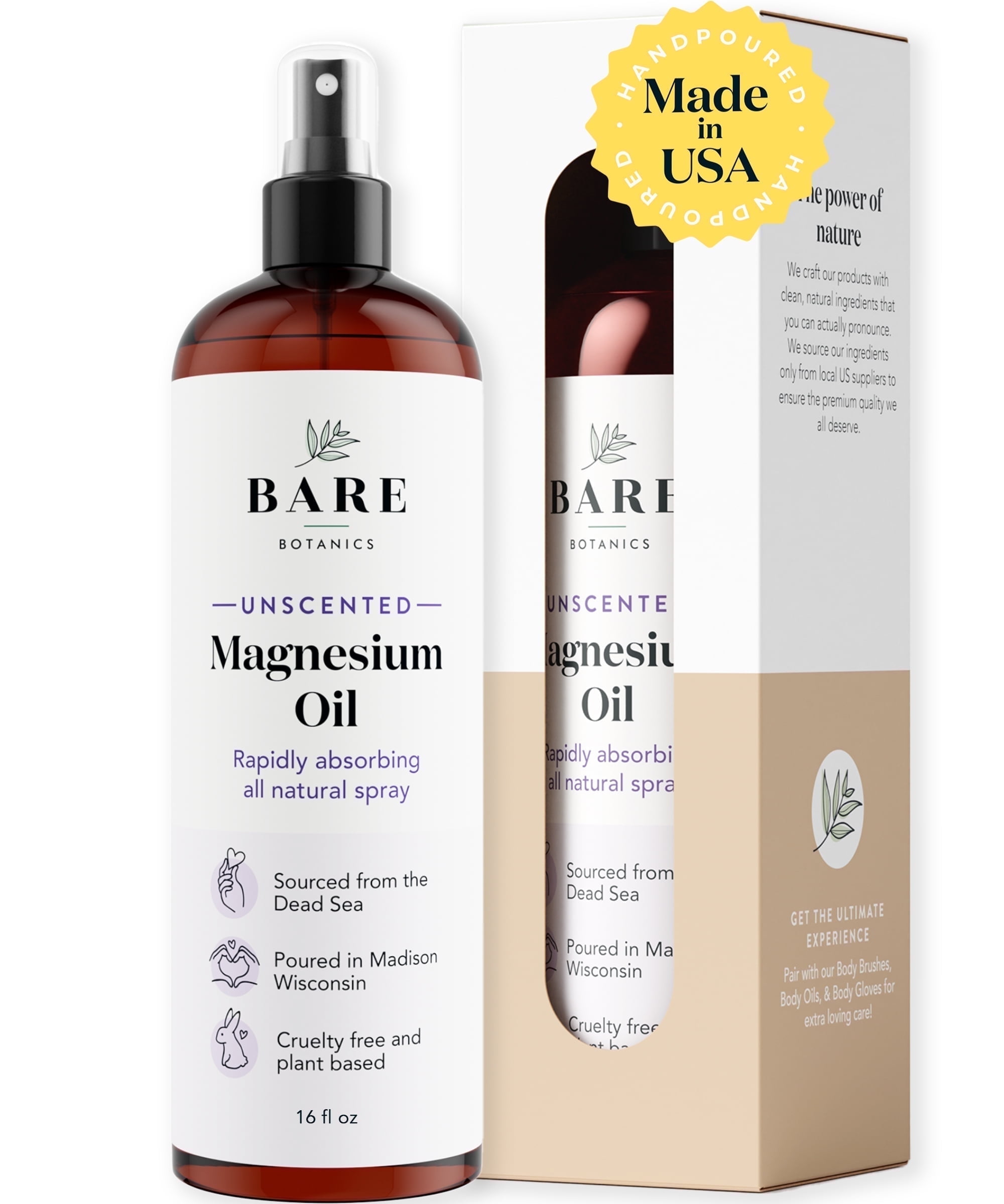 Bare Botanics Magnesium Spray, Unscented 16 fl oz, Pure Magnesium Chloride, Handcrafted in ...