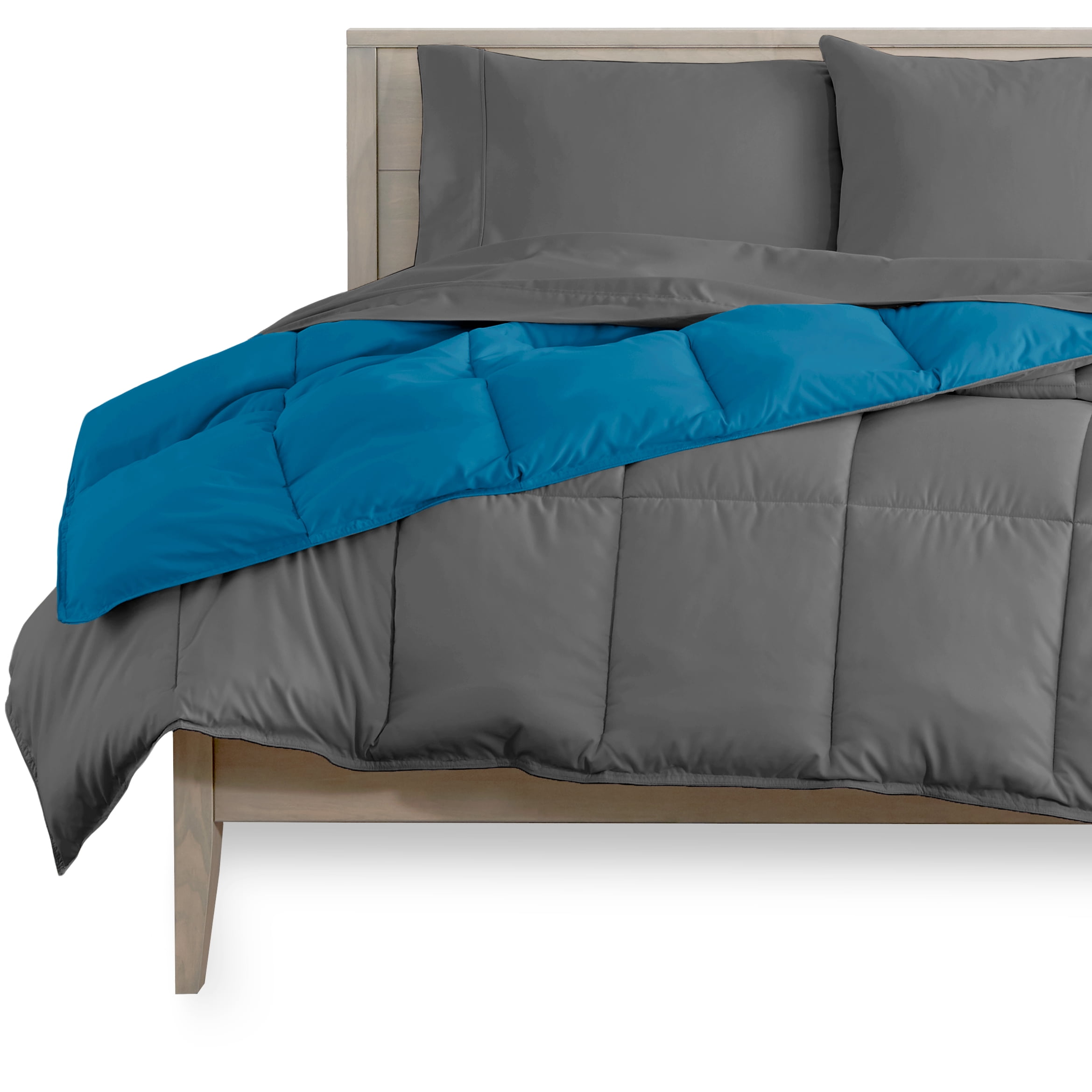 Bare Home Microfiber 4-Piece Medium Blue/Gray Comforter, Gray Sheet Set ...