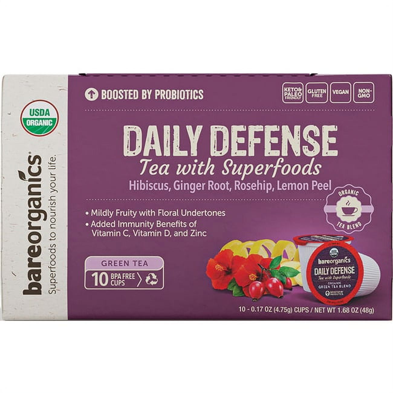 BareOrganics Daily Defense, Tea with Superfoods, Green Tea, 10 Cups, 0. ...