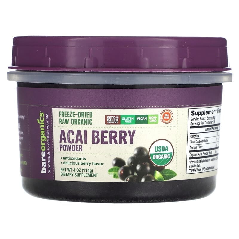 BareOrganics, Freeze-Dried Raw Organic Acai Berry Powder , 4 oz ...