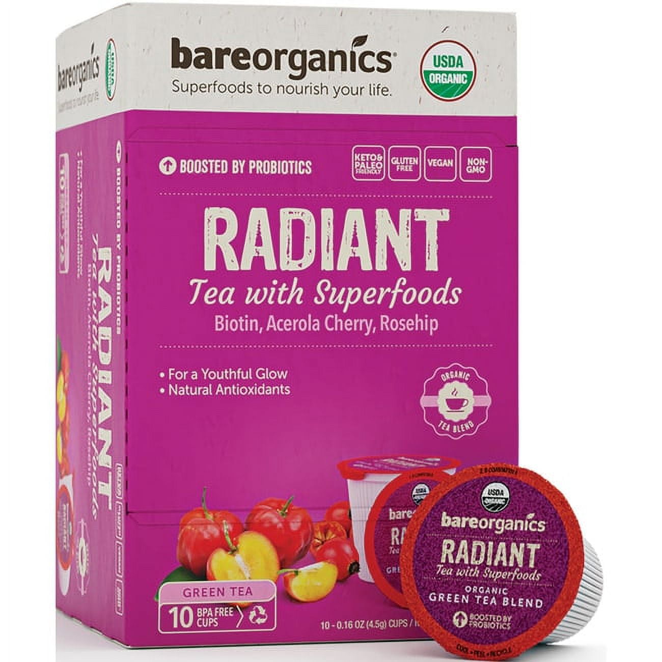 BareOrganics Radiant, Tea with Superfoods, Green Tea, 10 Cups, 0.16 oz ...