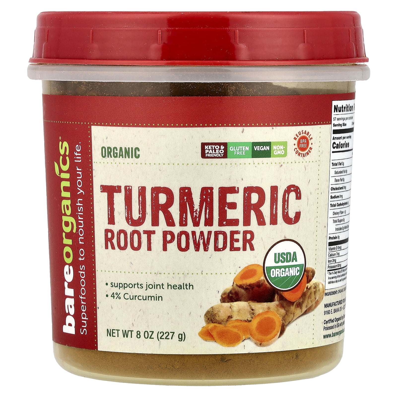 BAREORGANICS Turmeric (Curcuma) Root Powder (Raw-Organic) (8oz) 227g ...