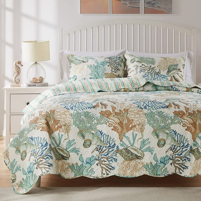 Barefoot Bungalow Atlantis Coastal Quilt Set, Jade, 3-Piece Full/Queen ...
