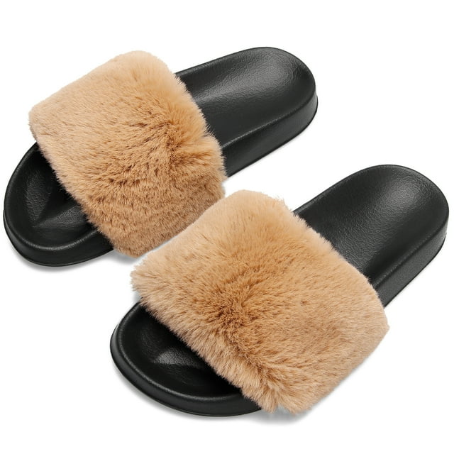 Barerun Women's Fuzzy Faux Fur Open Toe Slides Slippers - Walmart.com