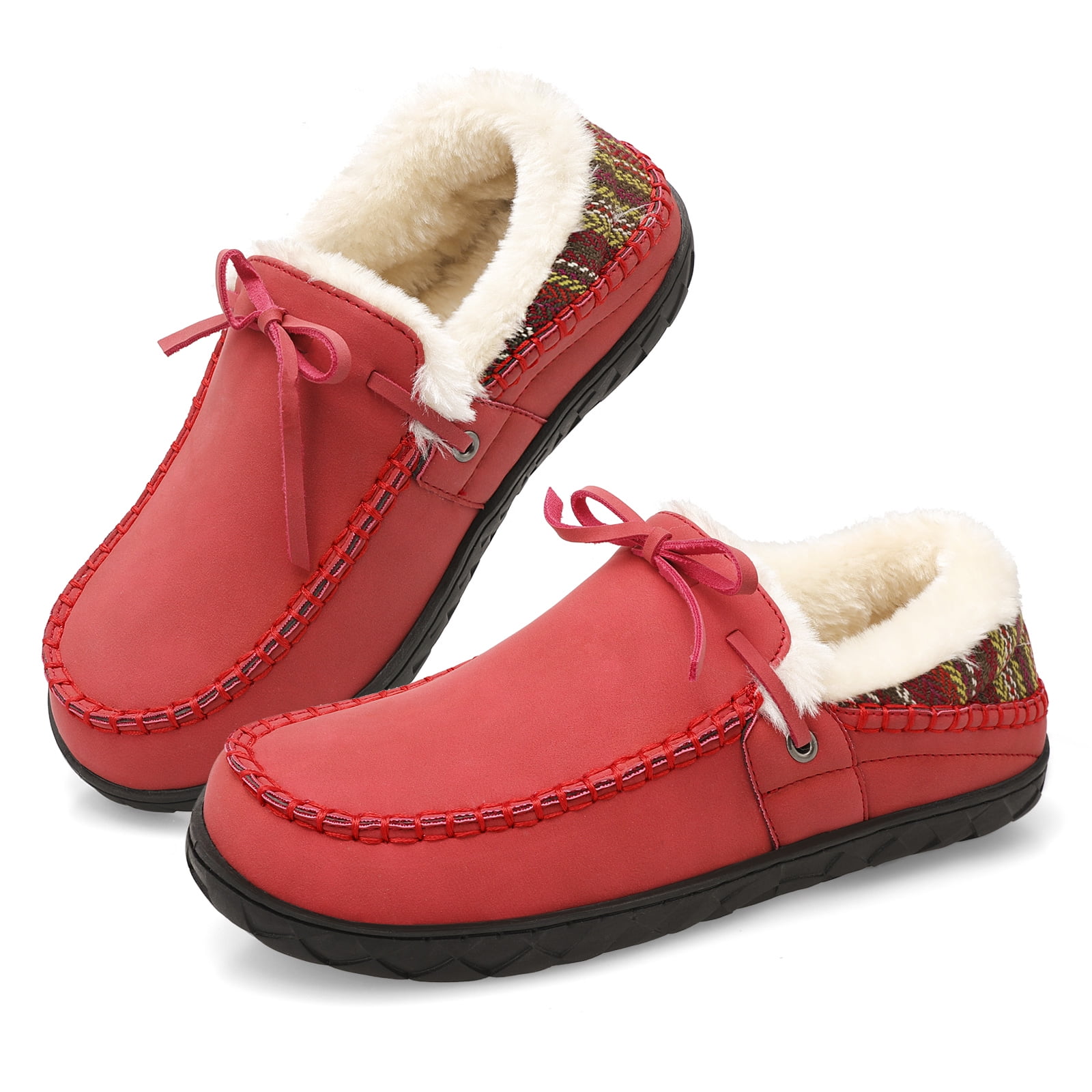 Barerun Women's Fuzzy House Slipper Slip on Warm Moccasin Memory Foam Indoor Outdoor Red ...