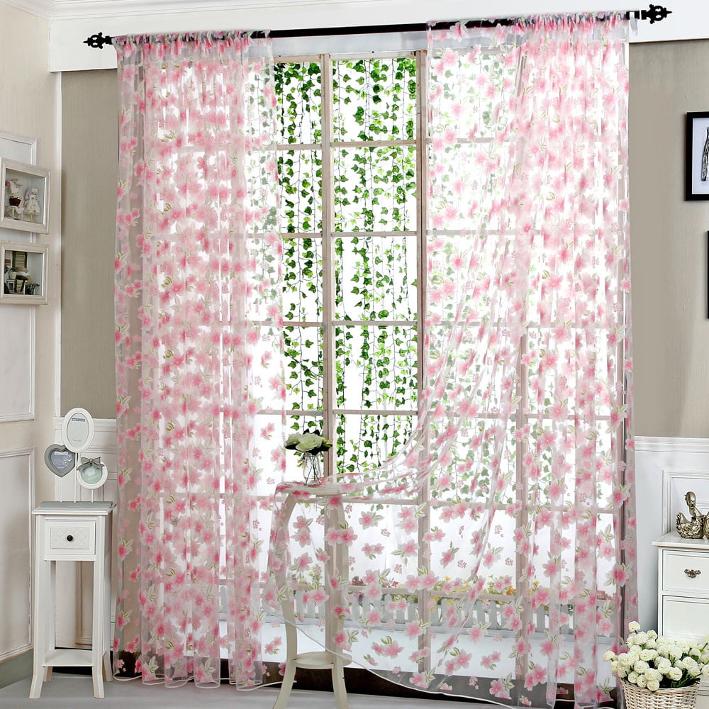 Barhoo Curtains for Bedroom Flower Sheer Drape Fabric Voile Window ...