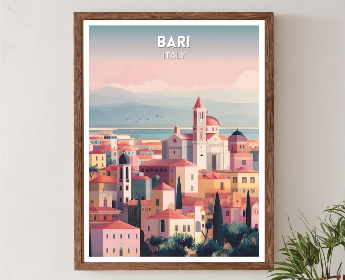 Bari Italy Retro Travel Mid Century Modern Vintage Cityscape Wall Decor ...