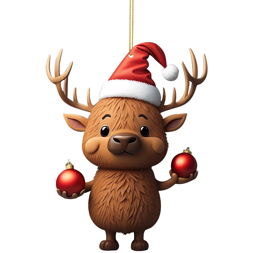 Baright Christmas Acrylic Cartoon Elk with Xmas Hat Decor Tree Pendant ...