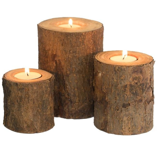 Bark Wooden Pillar Tree Stump Tea Light Rustic Candle Holder - Set of 3 ...