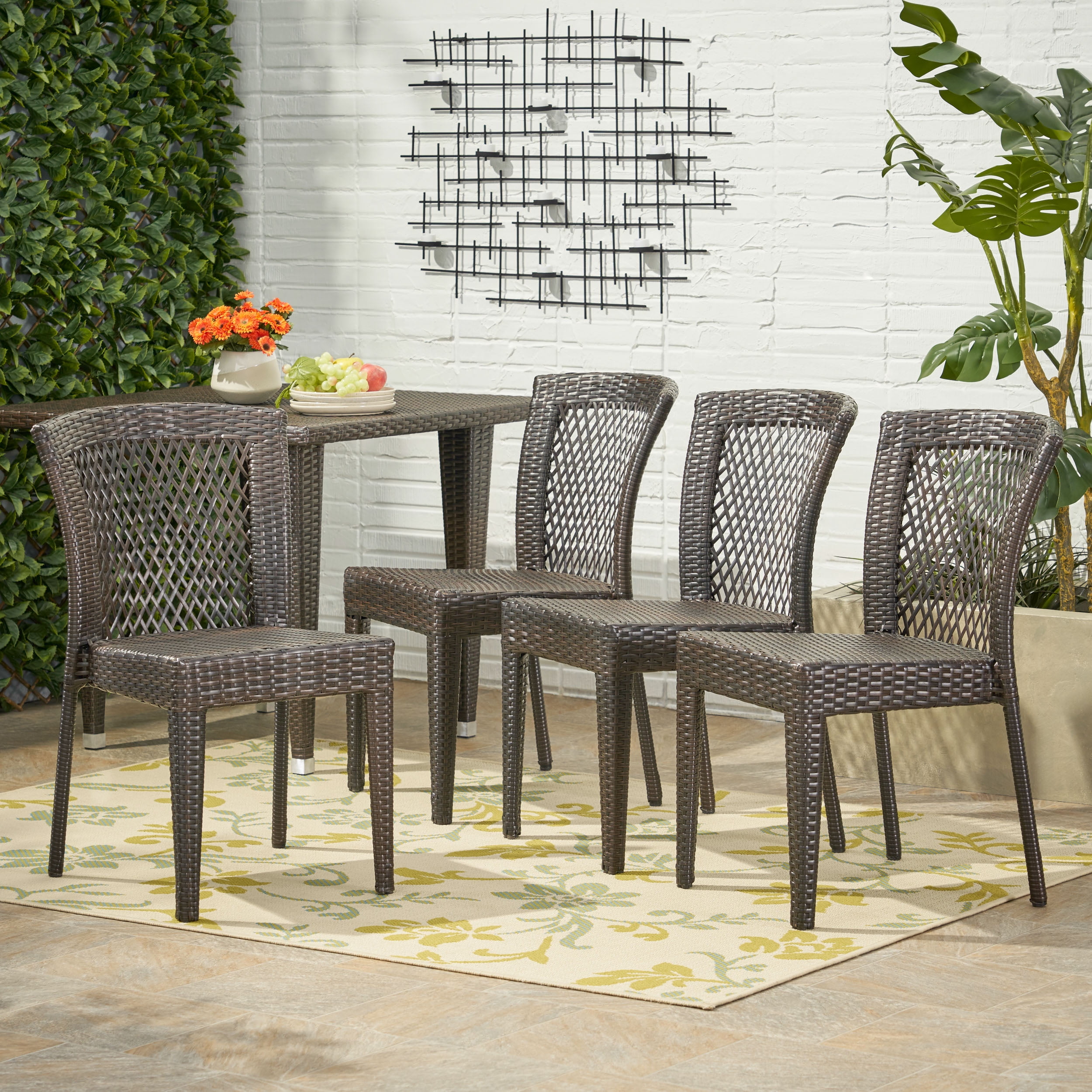 Noble House Barker Outdoor Wicker Stacking Dining Chairs Set of 4 Multibrown