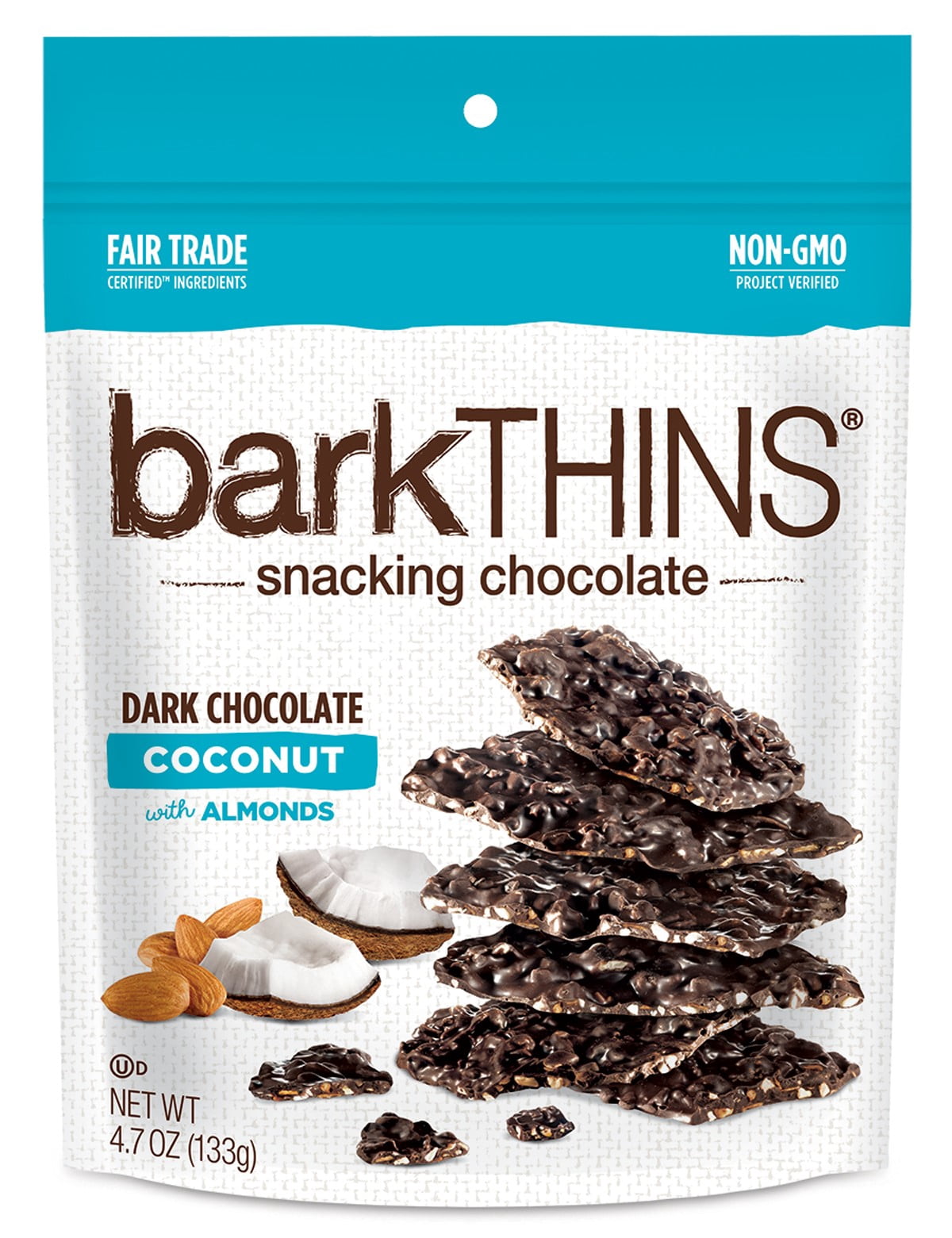 Barkthins Dark Chocolate, Coconut and Almond Snacking Chocolate, Bag 4. ...