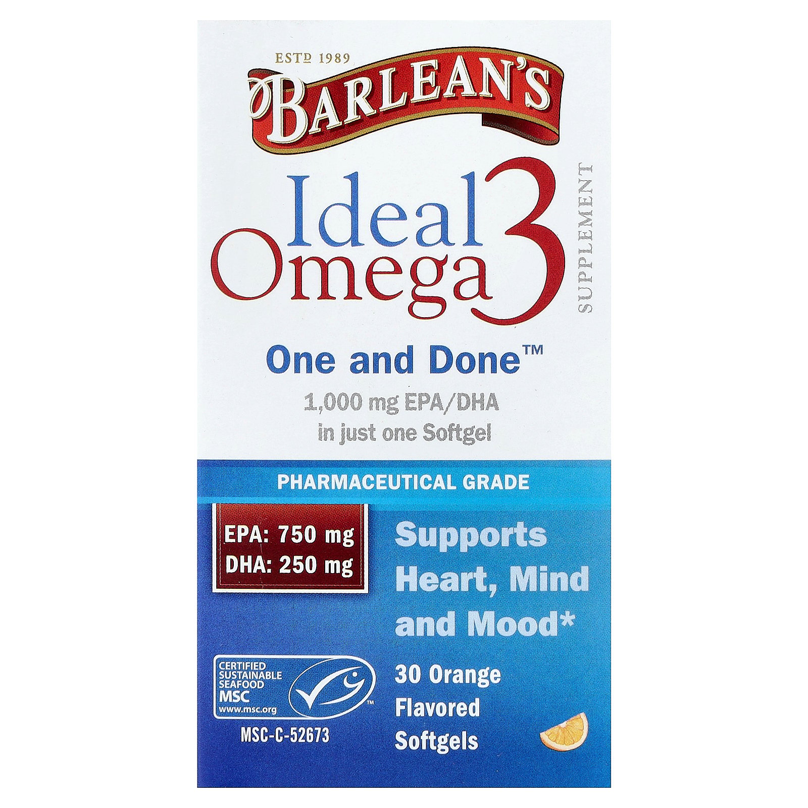 Barlean's Ideal Omega 3 Fish Oil, EPA/DHA, Orange Flavor, 30 Softgels ...