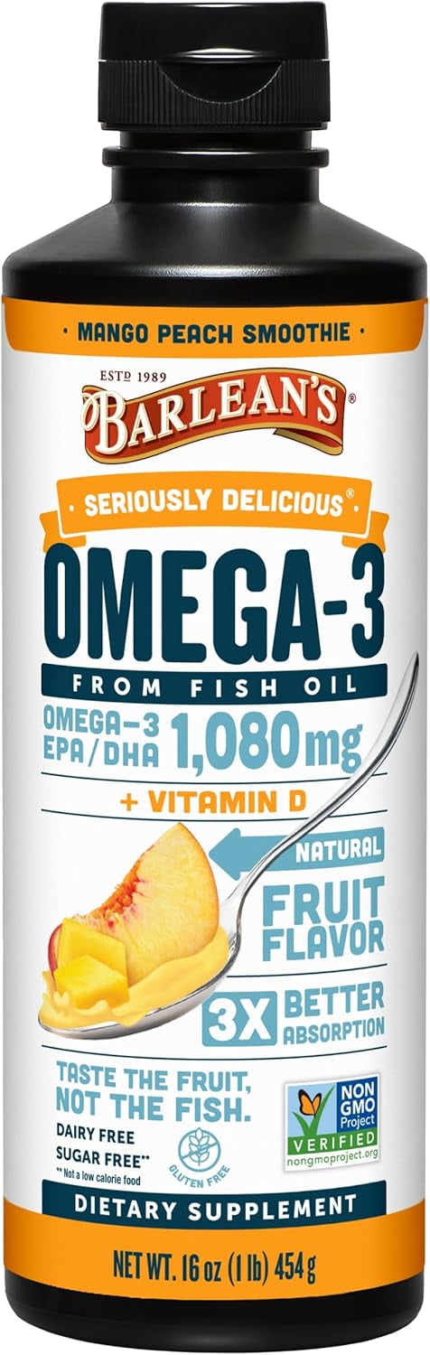 Barlean's Omega 3, Mango Peach 16 oz - EPA & DHA, Brain, Joint, Heart ...