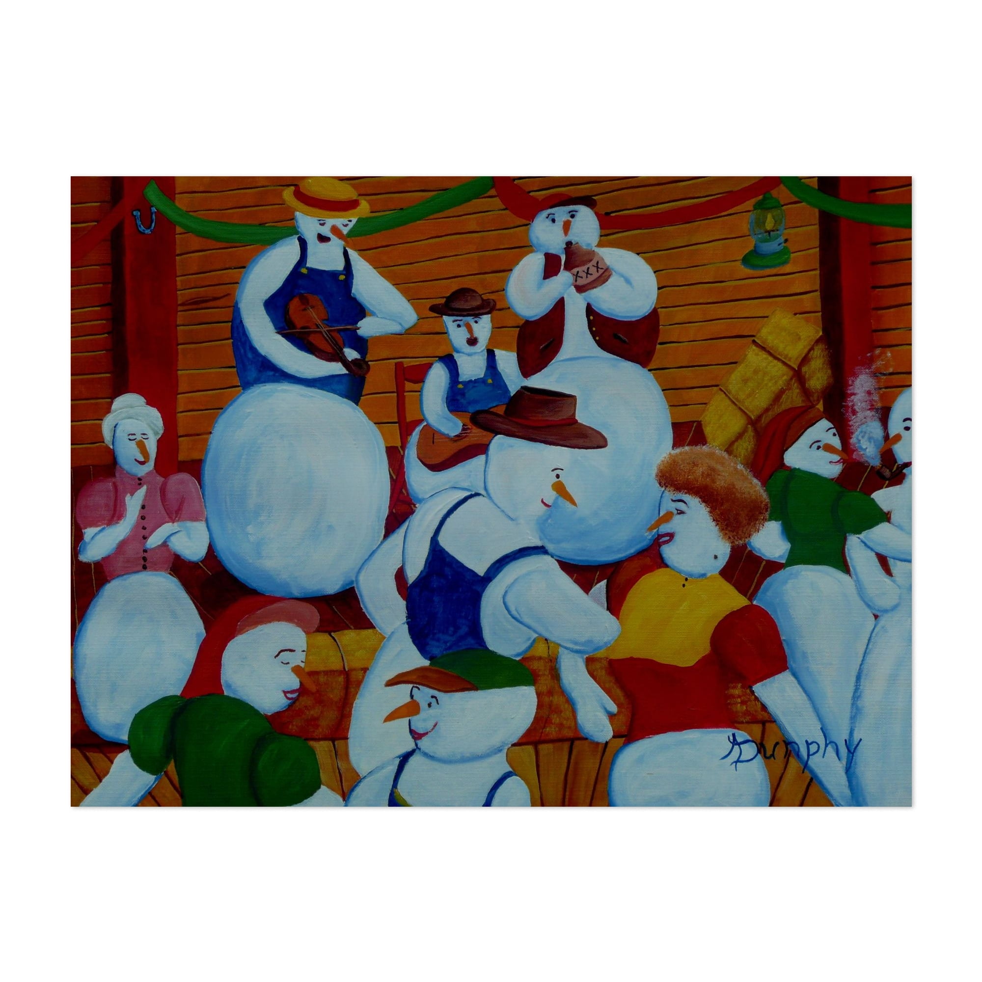 Barn Dancing Snowmen - Painting Winter Snow Humor Music Whimsical ...