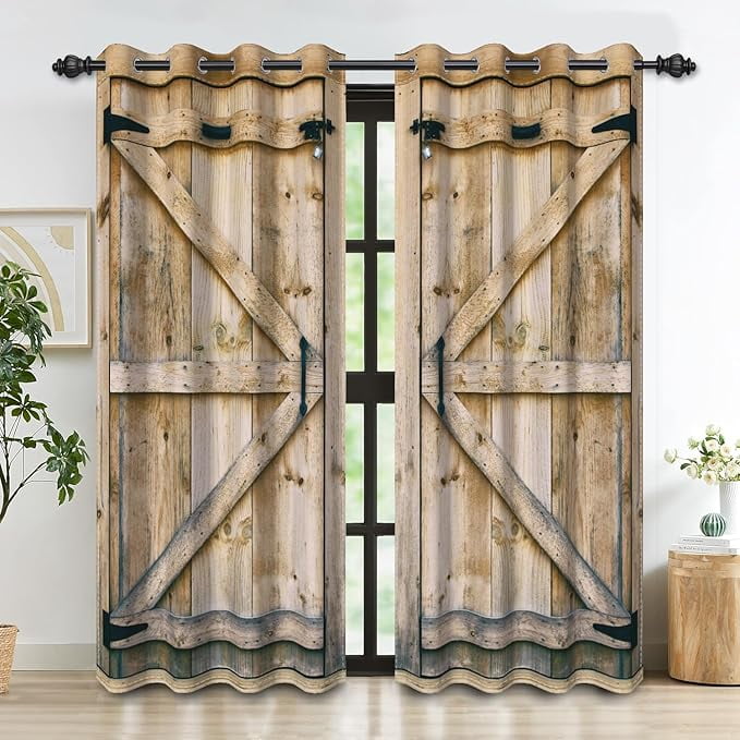 Barn Door Blackout Curtains For Bedroom Farmhouse Rustic Wood Window ...