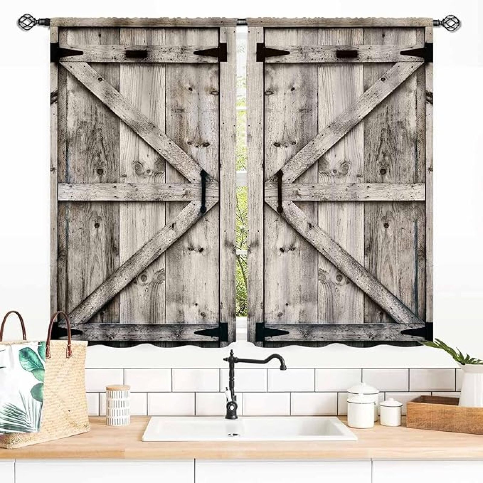 Barn Door Curtains, Farmhouse Rustic Wooden Barnwood Garage Gate ...