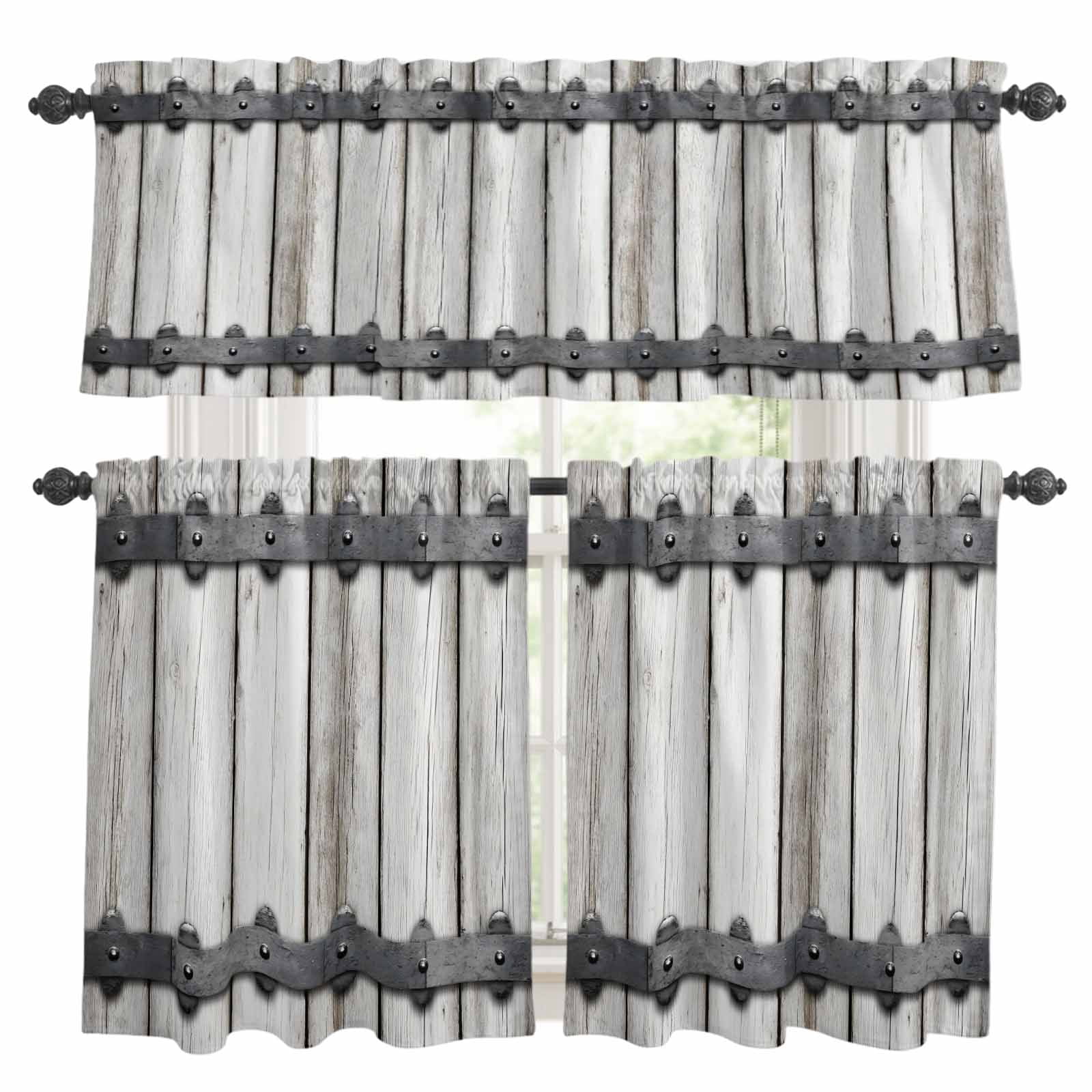 Barn Door Kitchen Curtains Set for Windows, Vintage Grey Farmhouse ...