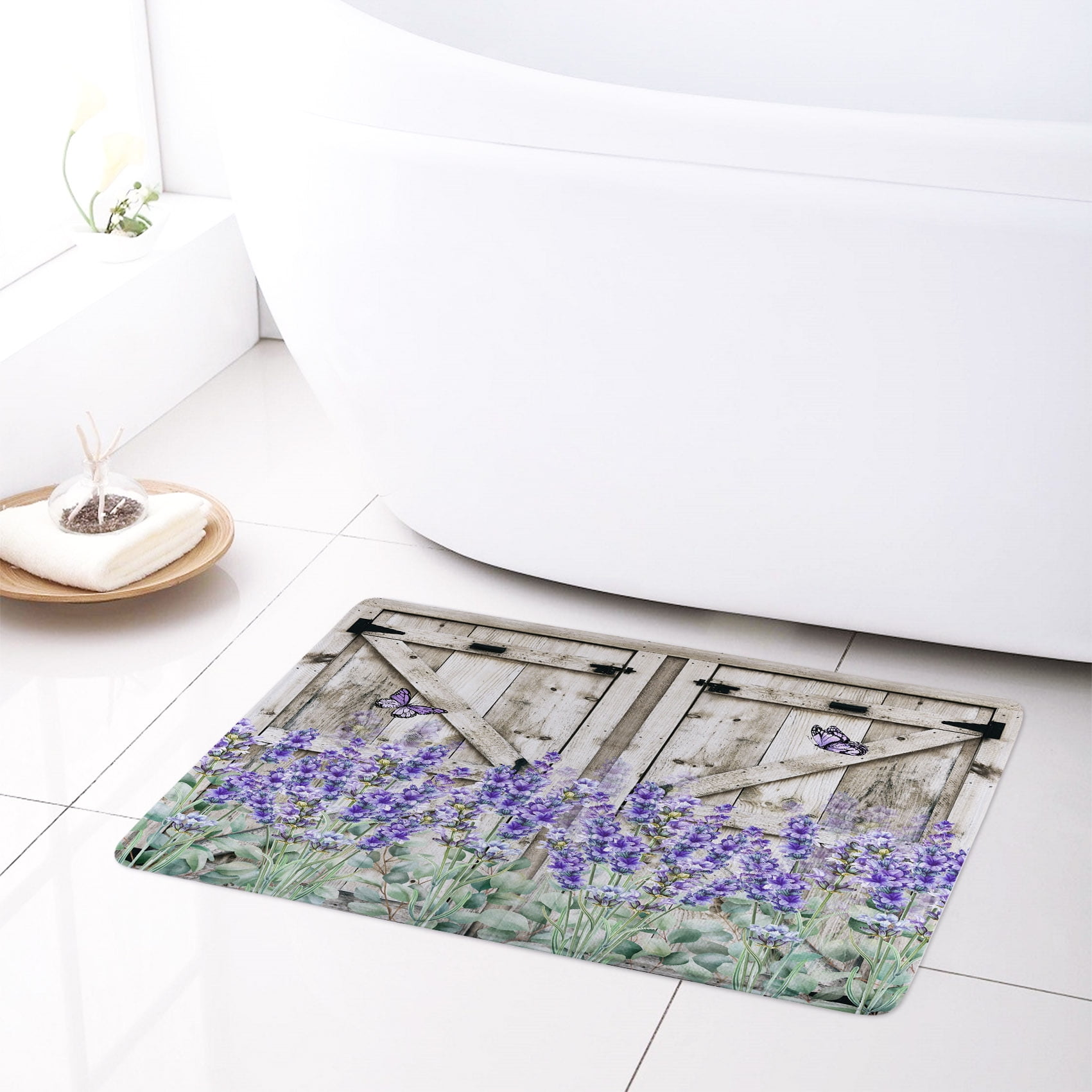 Barn Door Lavender Bathroom Mat, Lavender Leaves Purple Butterfly on ...