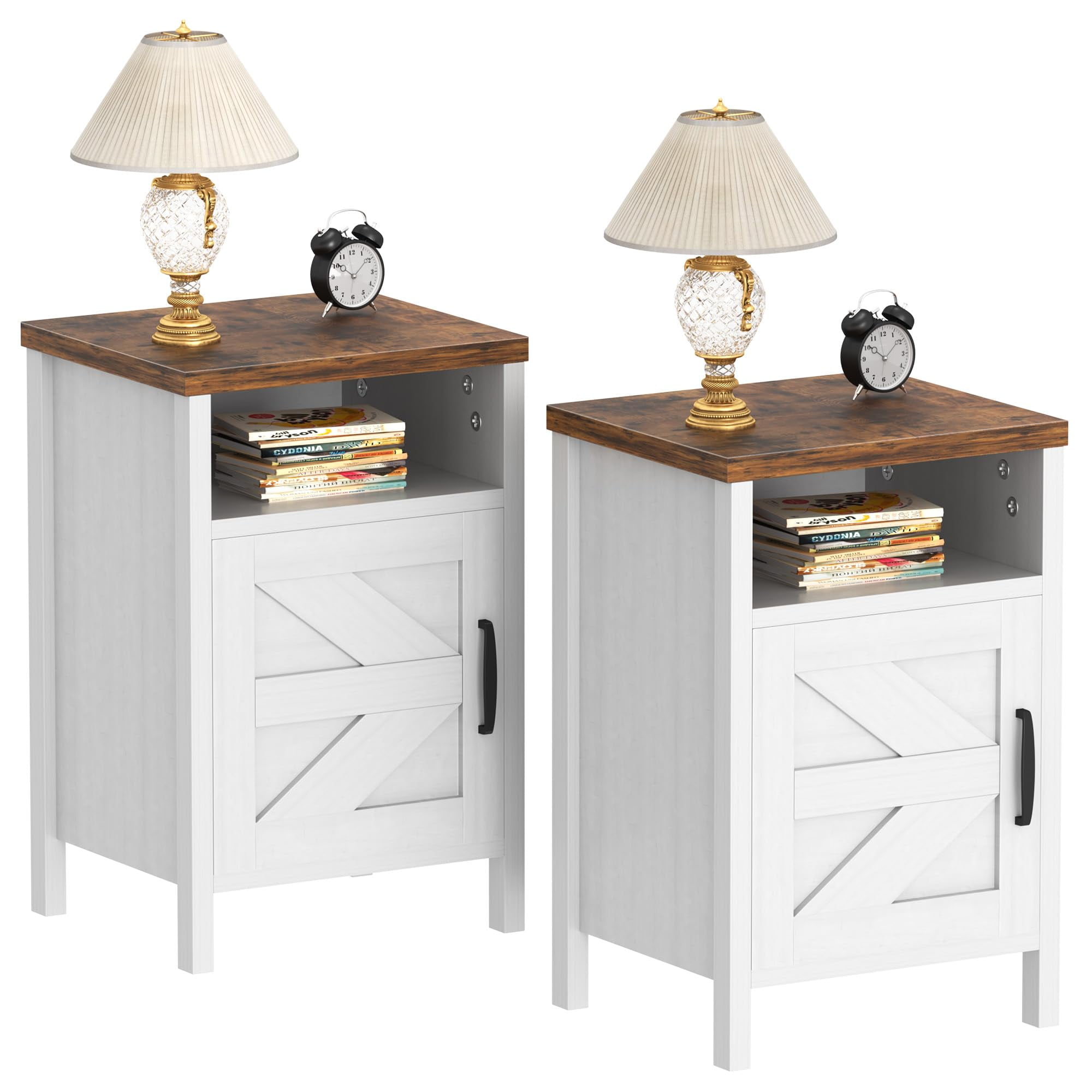 Barn Door Side Table Set of 2, White Nightstand with Wood Shelf, Multi ...