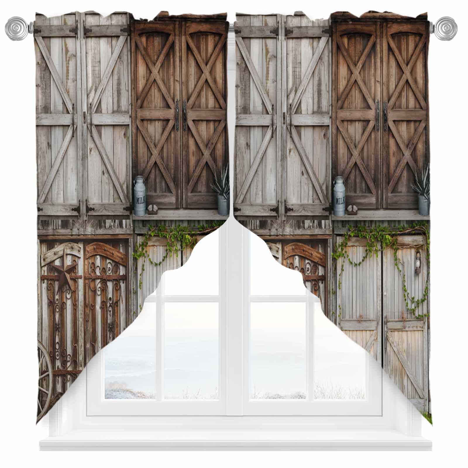 Barn Door Swag Curtain Valance for Windows, Vintage Brown Countryside ...