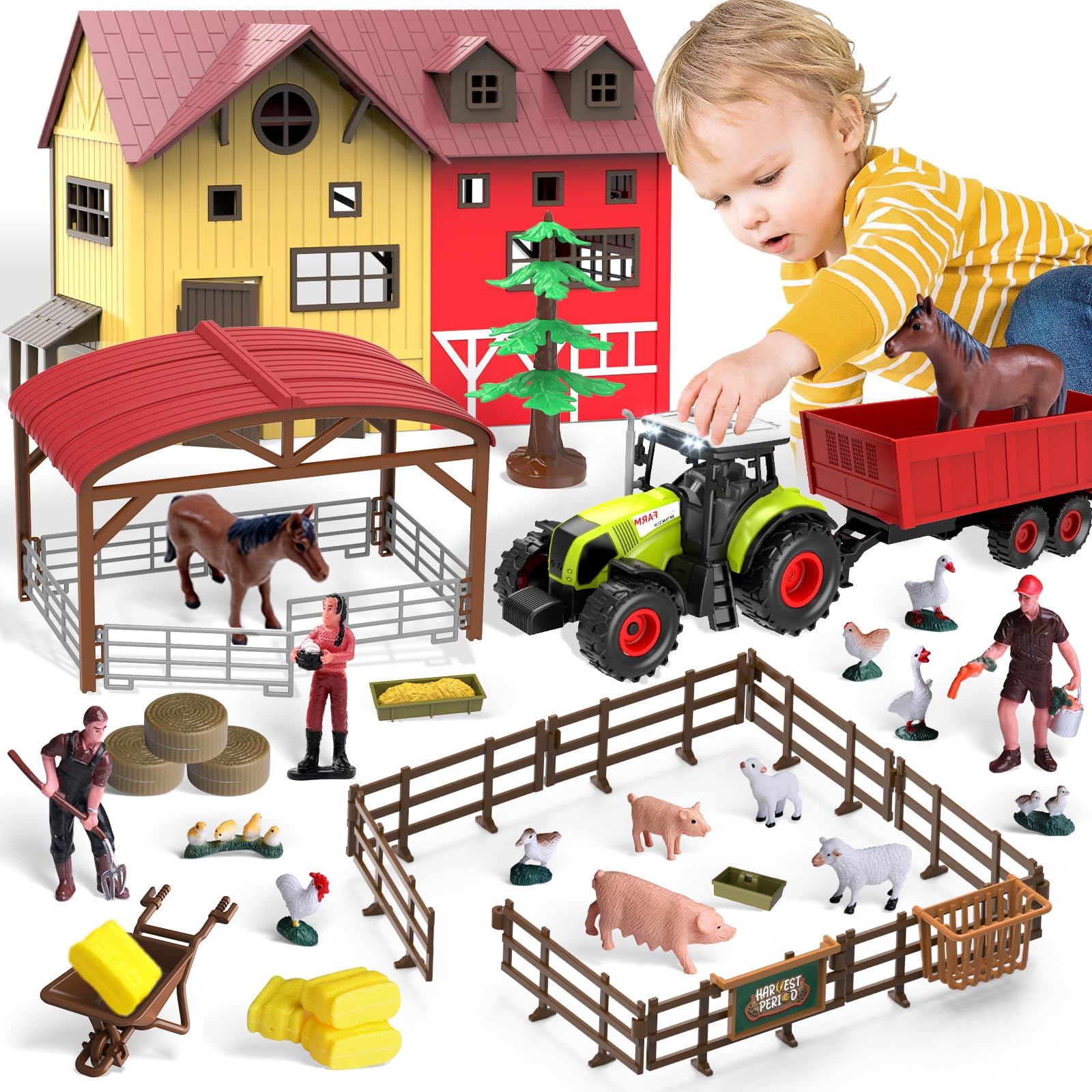 Barn Farm Animal Toys for Kids,Tractor Trailer with Lights & Sound, Farm Barn Playset Horse ...