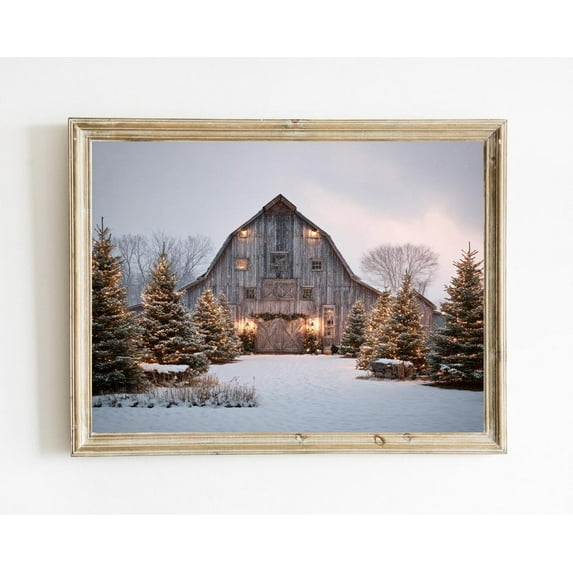 Barn Farmhouse Print Poster Snowy Landscape Tree with Lights|Wall Decor ...