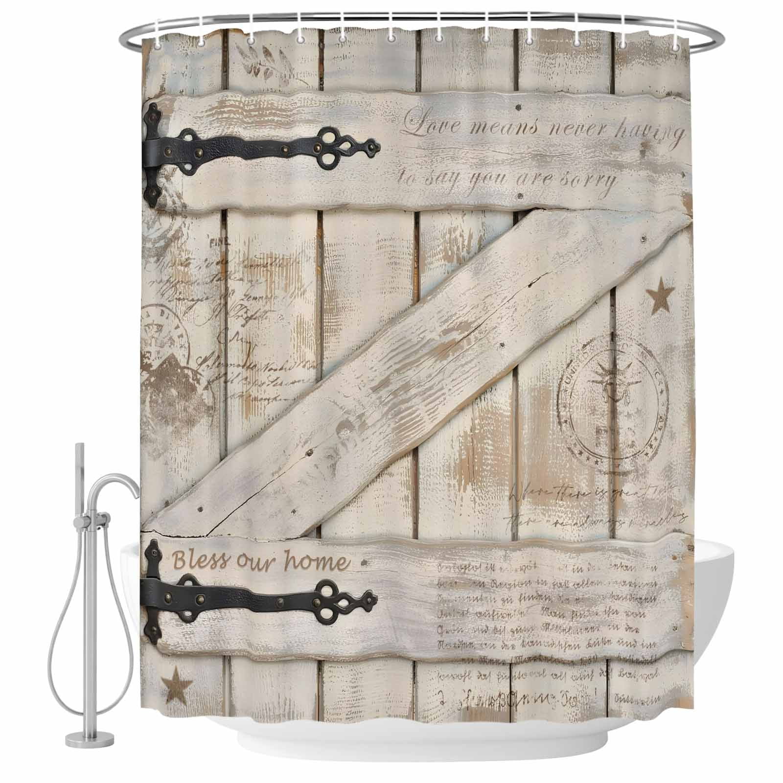 Barn Gate Bathroom Shower Curtains with Hooks, Vintage Letters Beige ...